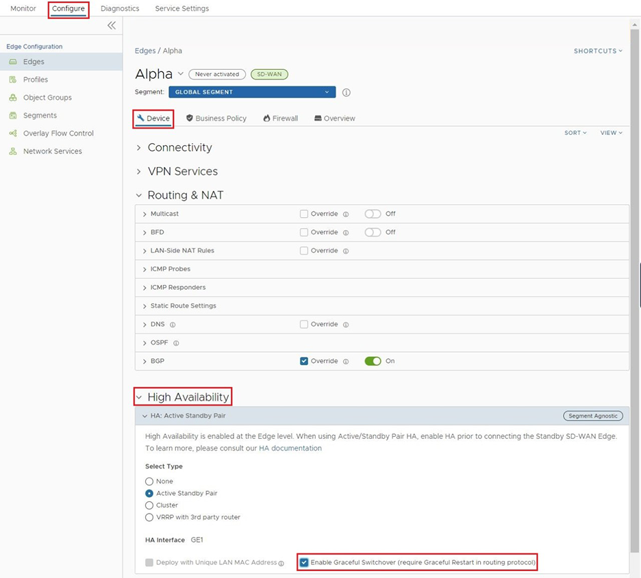 VeloCloud SD-WAN 6.4 - Administration Guide - Configure High Availability on an Edge - Arista